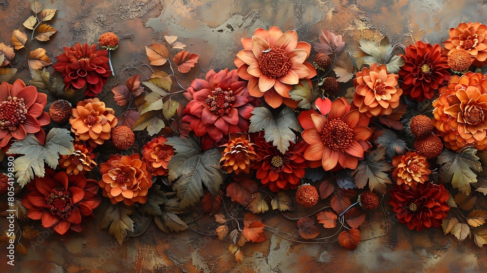 Rust-colored chrysanthemums intertwined with autumn leaves in a rich ...