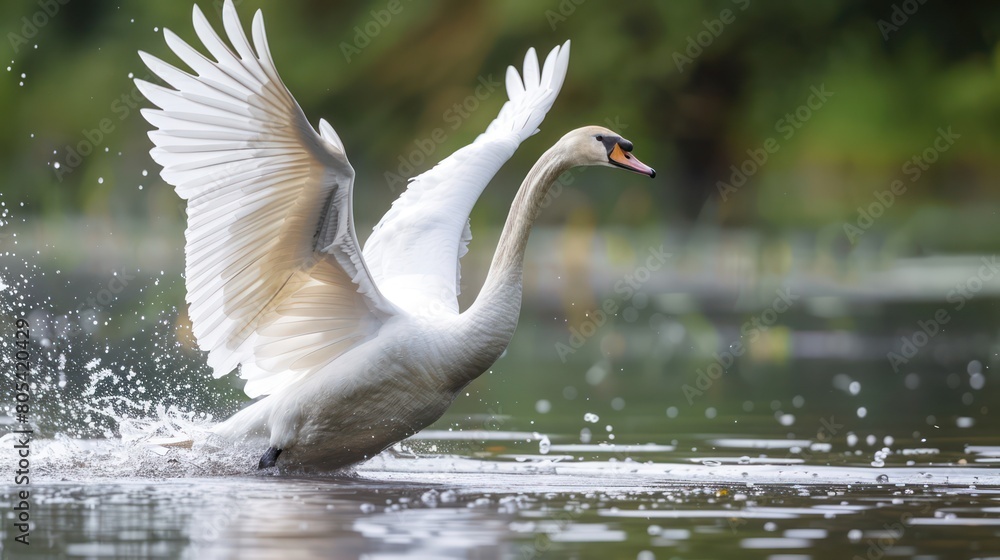 The majestic swan is captured mid-takeoff, creating a powerful image ...