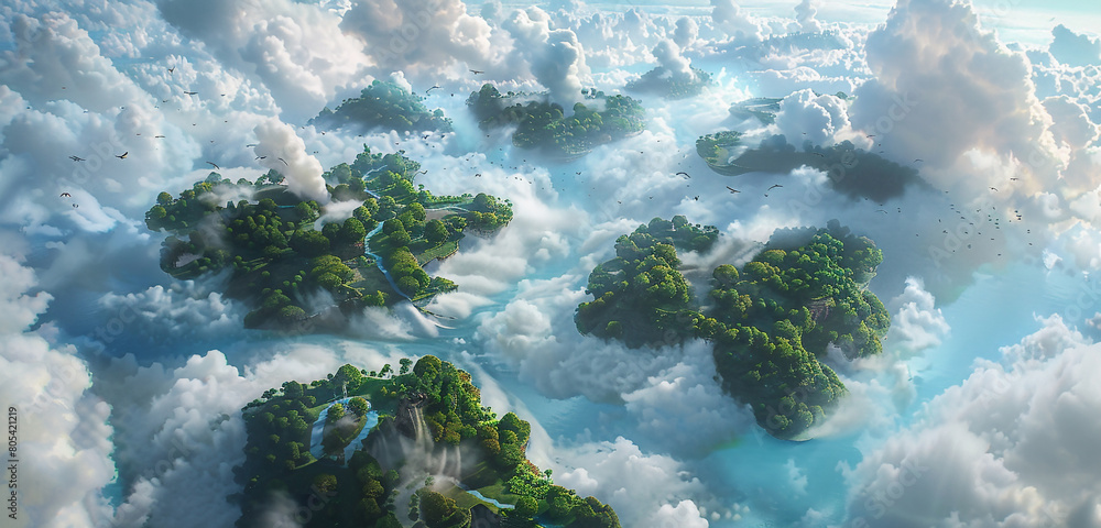 Amidst the whirlwind clouds, a chain of islands floats serenely, each a ...