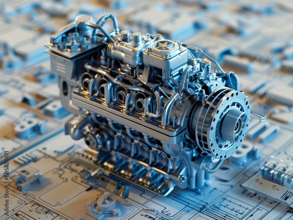 Engine 3D model superimposed on detailed schematics, highlighting the ...