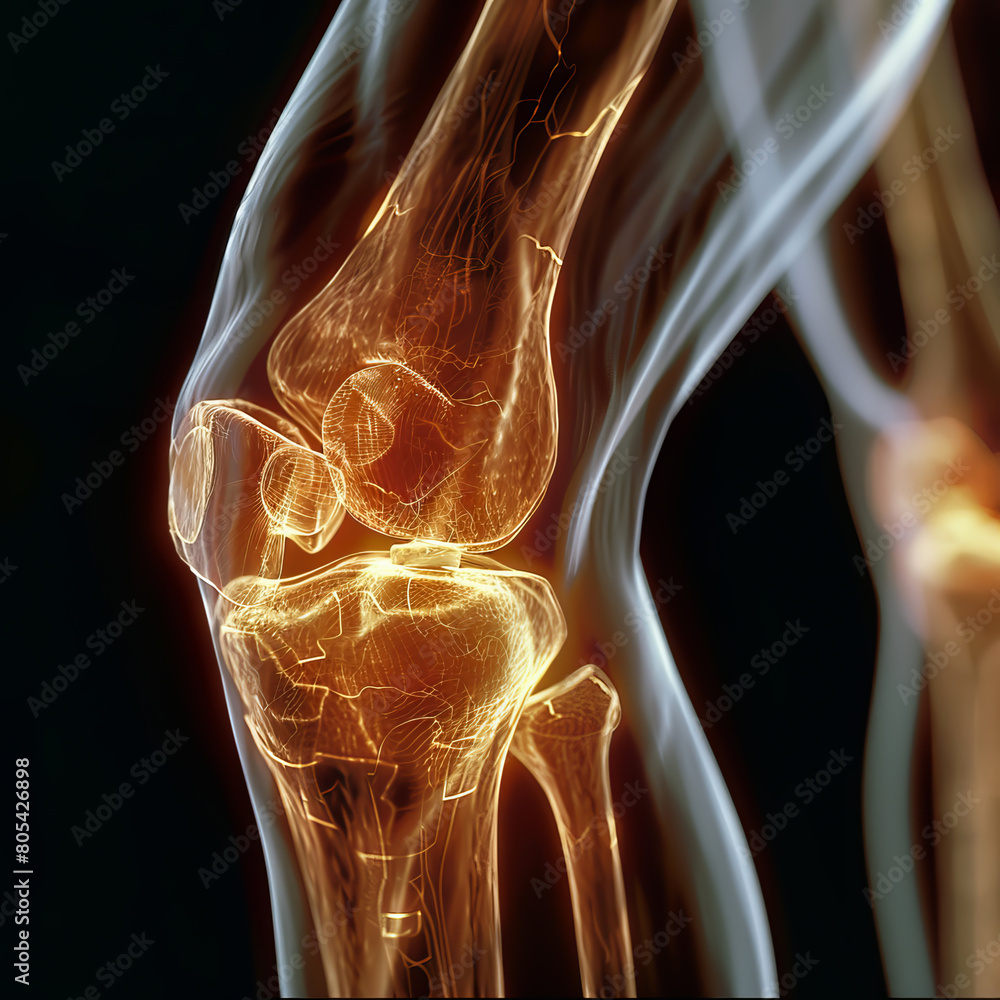 A stunning X-ray image of a human knee joint, illuminated with a golden ...