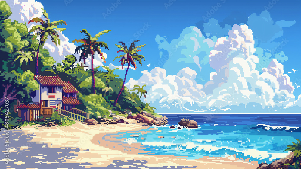 pixel art of sunny beach dungeon background battle scene in RPG old ...