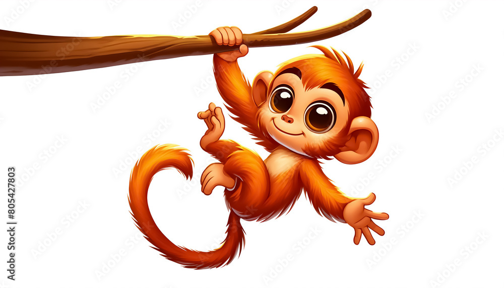 Cute and playful monkey hanging from a tree, Smiling monkey swinging ...
