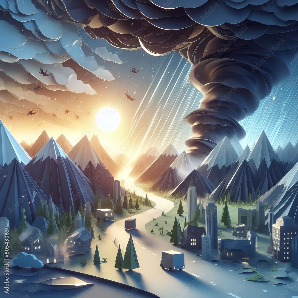 Surreal sunset landscape with stormy weather and whimsical flying ...