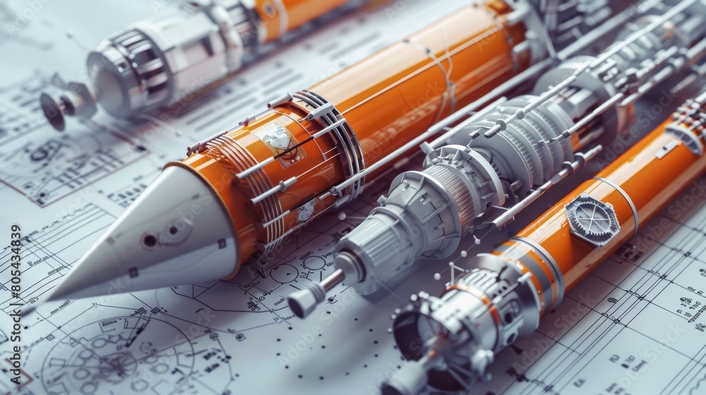 Technical plans for a modern rocket displayed for reverse engineering ...