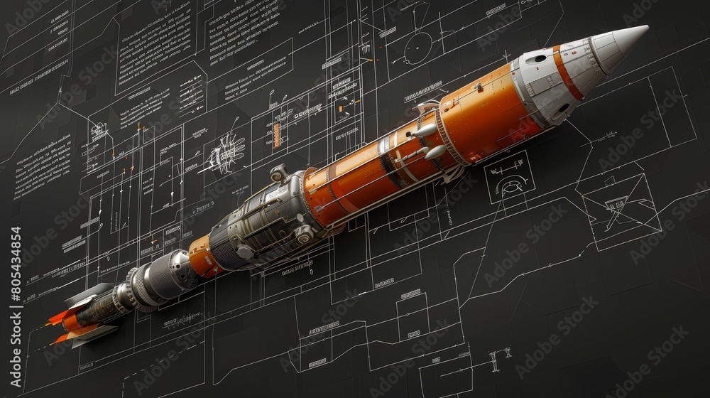Technical plans for a modern rocket displayed for reverse engineering ...