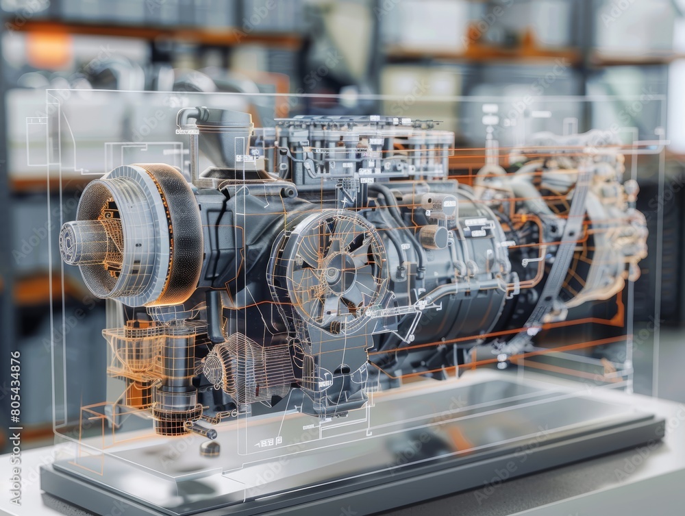 Technical presentation of an engine with a 3D model overlaying precise engineering schematics ...