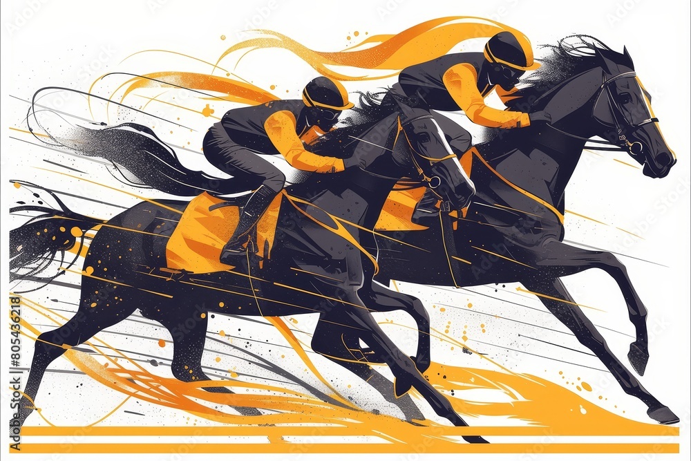 flat vector illustration of horse racing with jockey, yellow and black ...