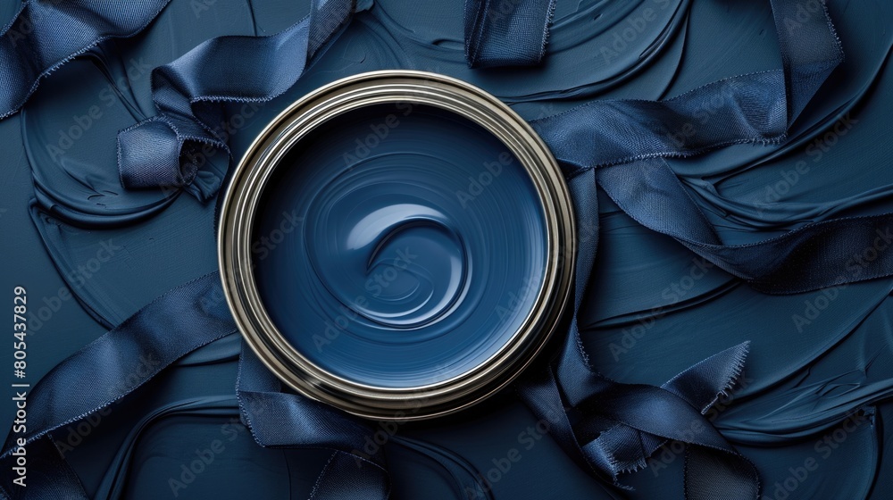 Top view of an open can of classic navy blue paint, surrounded by navy ...
