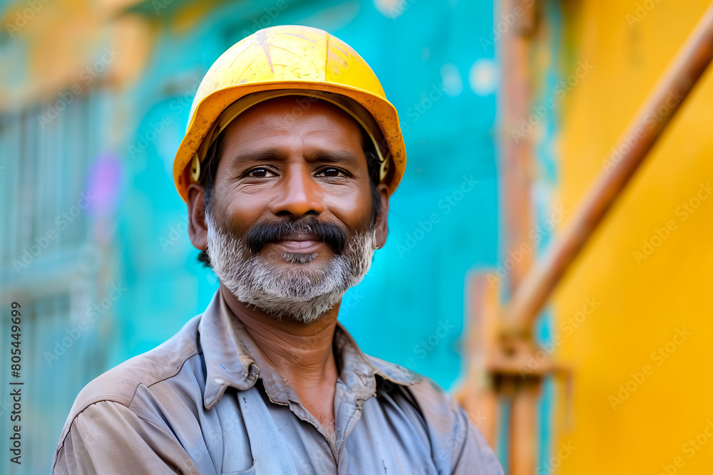 Indian poor old man construction worker with yellow hard hat helmet ...