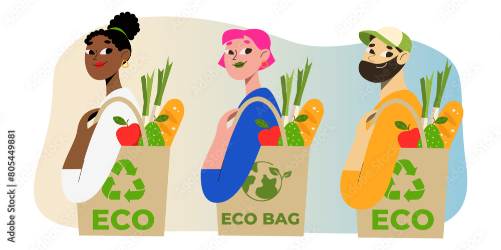 Eco bag. Multicultural people care about the planet. Intersectionality ...