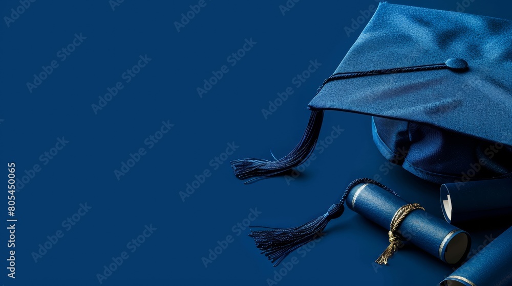 Sophisticated blue graduation cap and diploma setup, representing ...