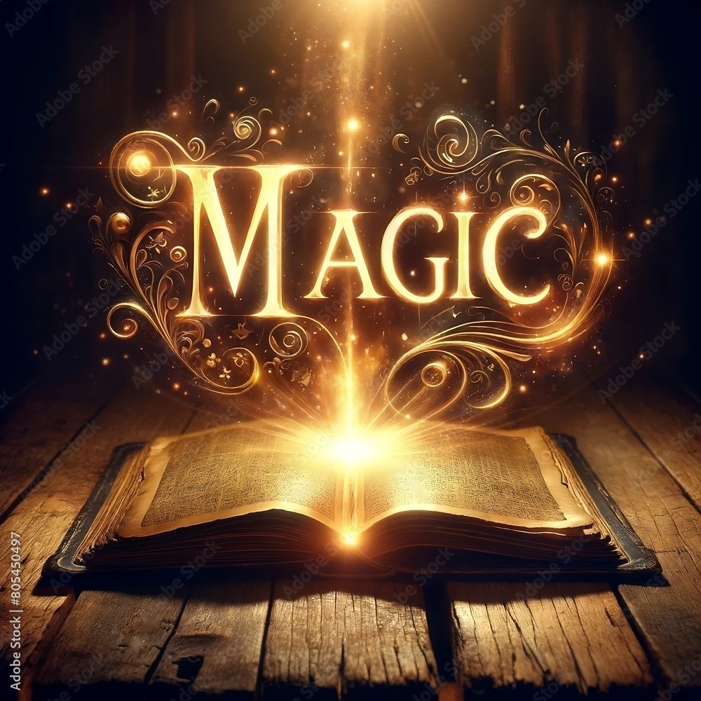 An old spell book on a wooden table, illuminated by a magical golden ...