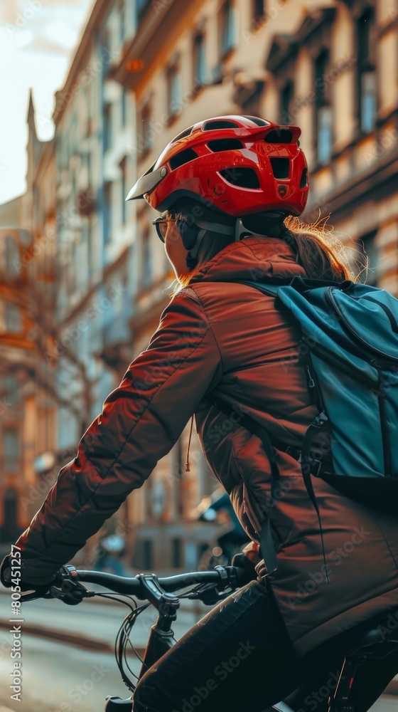 Back view of woman wearing helmet with bicycle on street around ...