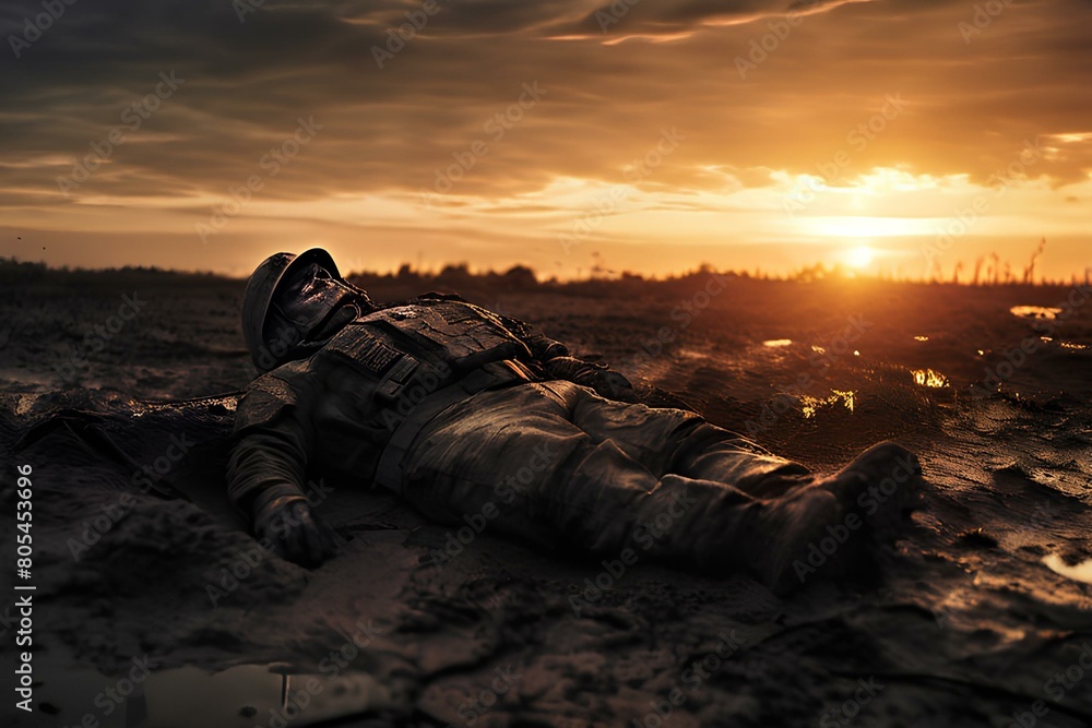 Dead soldier laying down in the mud in front of the sunset, end of the ...