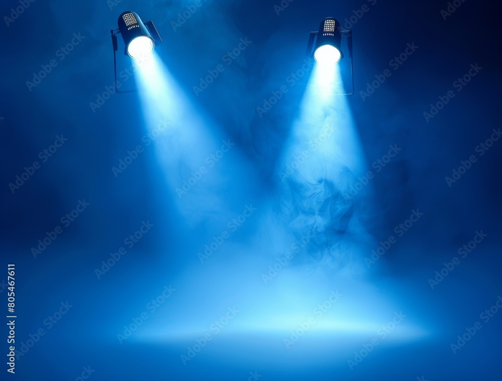 Two spotlights illuminate a stage with intense blue light, casting ...