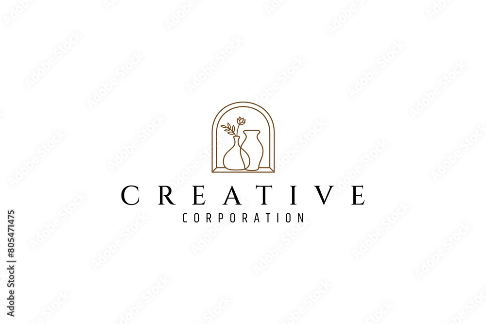 flower vase logo placed on house window in line art design style Stock ...