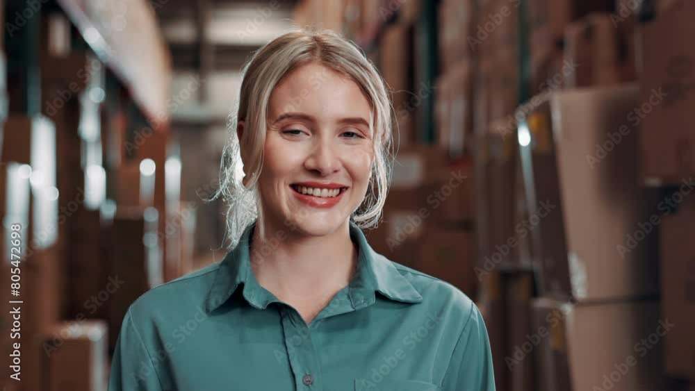 Girl, face and happy in warehouse as logistics worker or quality ...