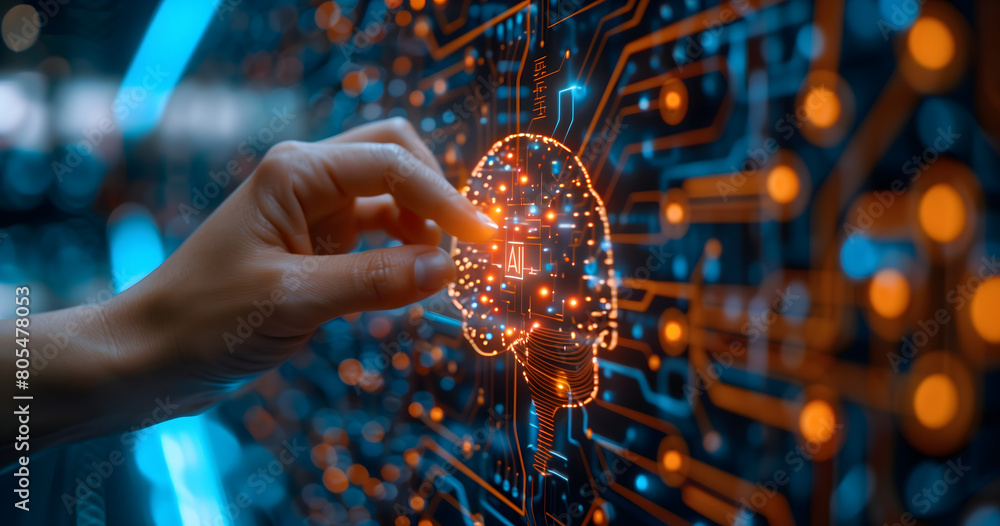 Artificial Intelligence. The image features a hand interacting with a ...