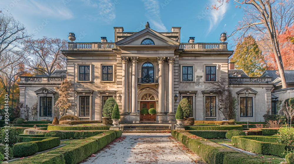 A luxurious Georgian-style mansion surrounded by formal gardens. The ...
