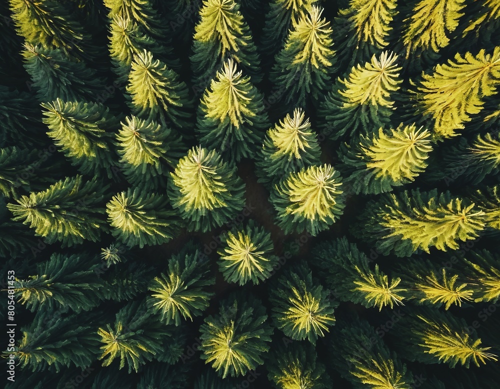 forest of coniferous trees top view green spruce trees , summer ...