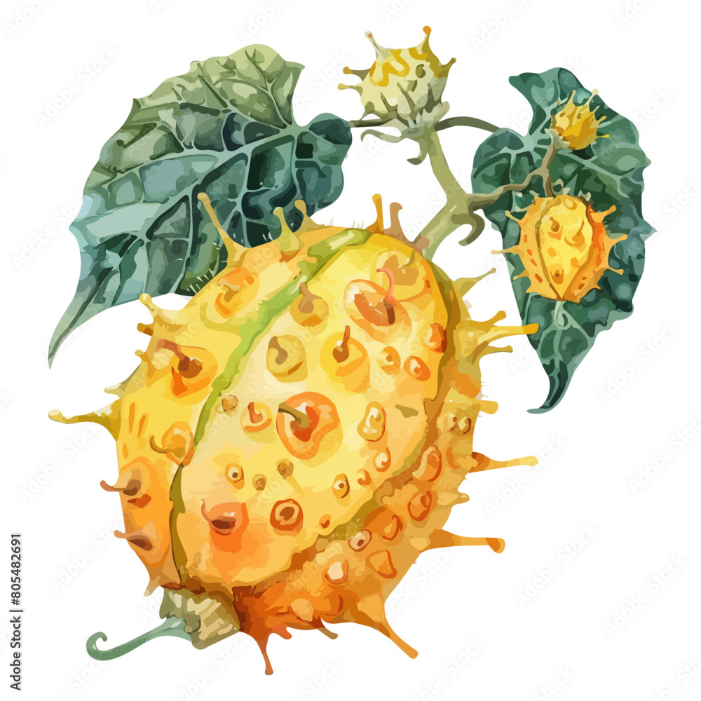 Watercolor Graphic vector of a kiwano melon fruit (Horned melon ...