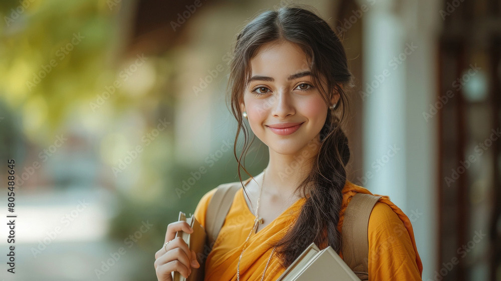 young indian girl college student holding books standing college campus ...