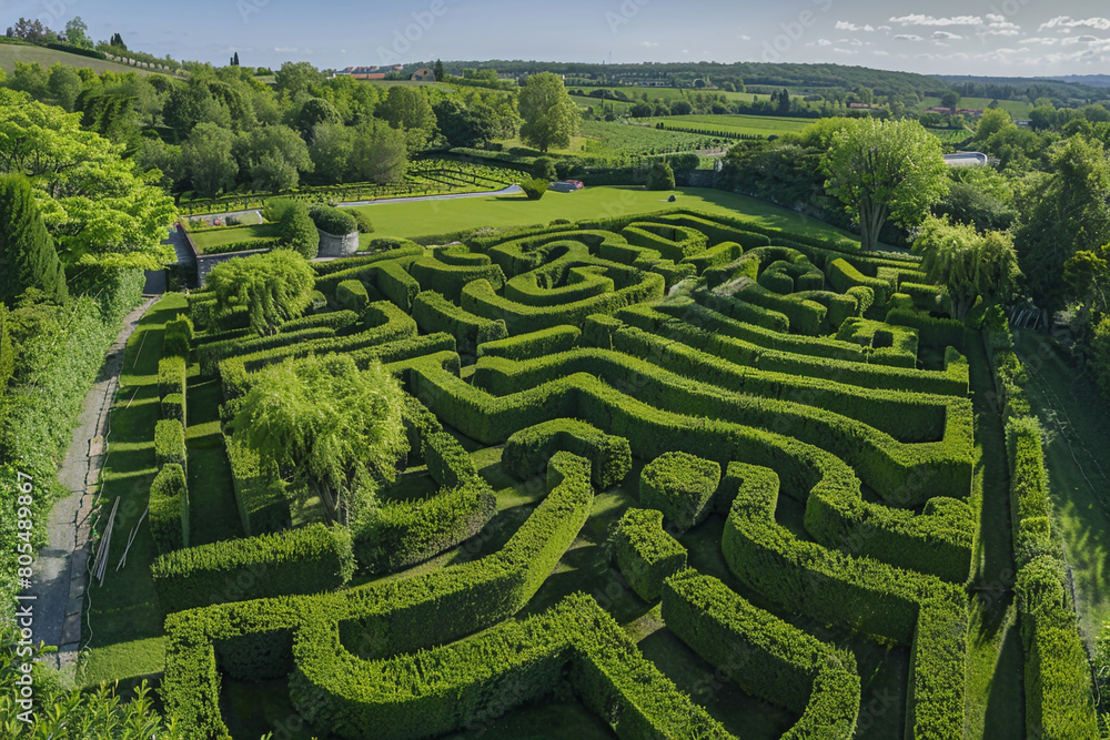 A green maze garden, viewed from above, with hedges trimmed to ...