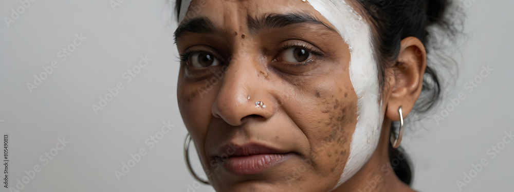 An Indian Lady with Vitiligo looking sideways in an isolated white ...