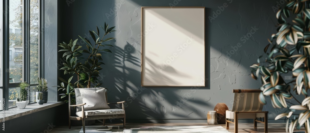 A blank poster within a 3D Mockup frame adds a focal point to the cozy ...