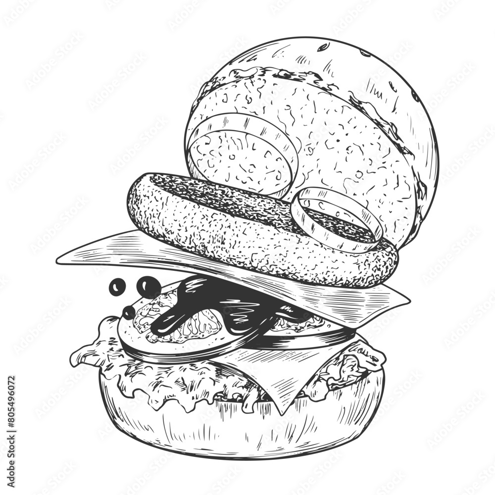 Black and white hand drawn hamburger with cheese, tomato, onion beef ...