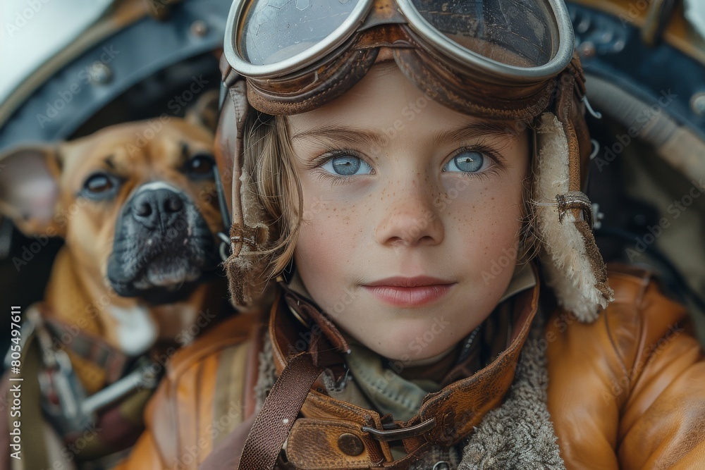 Little boy with a dog as co-pilot in a vintage aircraft setup Stock ...