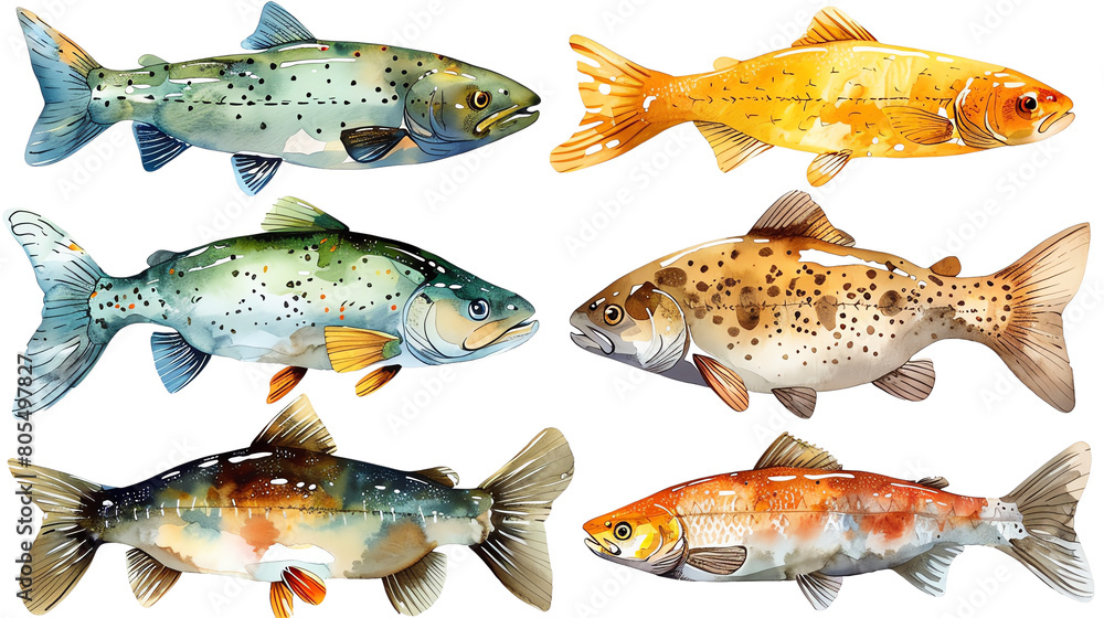 Image shows six different types of fish. Stock Illustration | Adobe Stock