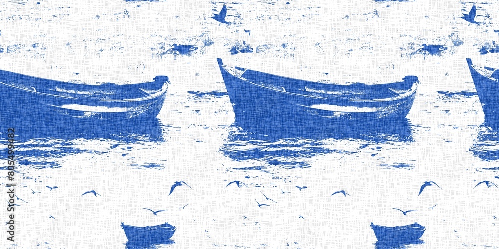 Coastal sail boat in azure ocean blue seamless border background ...