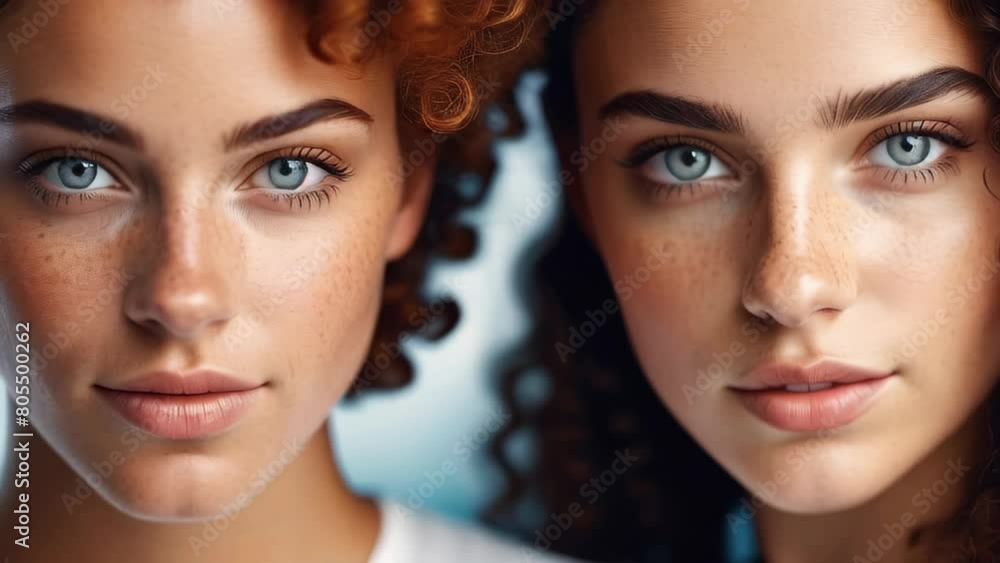 close-up shot of two young women with freckles, natural beauty and ...