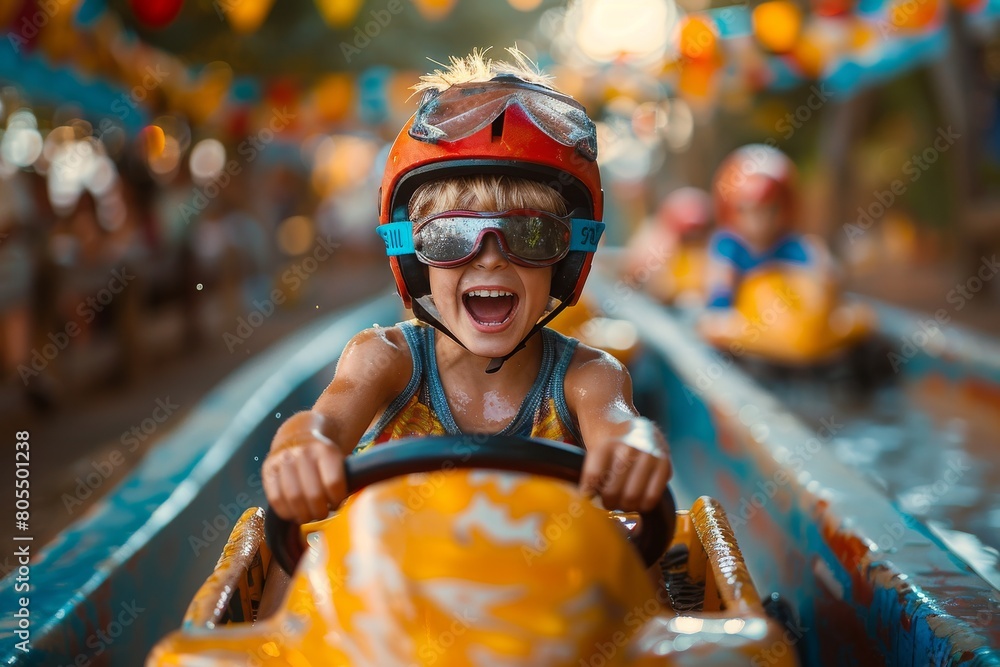 Intense focus captured in a kid steering a go-kart racer, embodying the ...