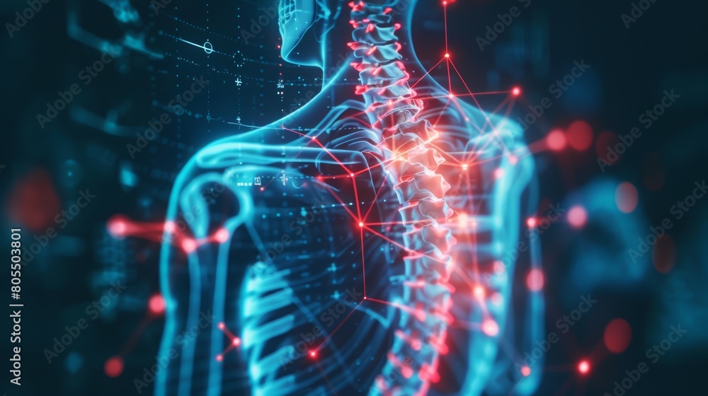 Digital bone structure scan on a dark blue screen, inflamed sections ...