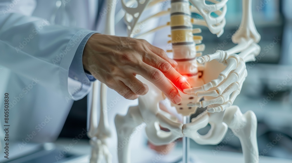 Doctor pointing to a red highlighted area on a skeletal model showing ...
