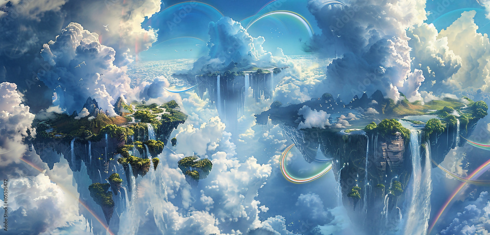 A celestial paradise where the sky is adorned with floating islands ...