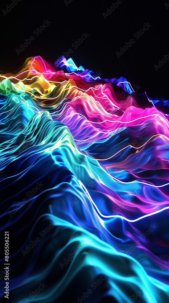 A cascade of neon waves, rippling in a spectrum of colors against a ...