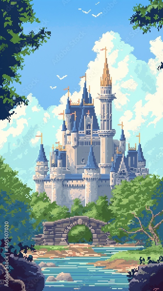 Beautiful landscape of the castle pixel art. Castle from fairy tale in ...