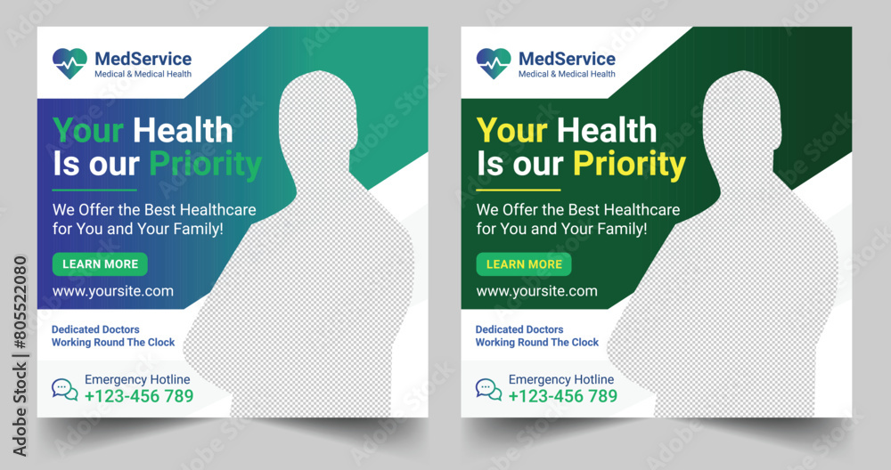 Healthcare post template. Medical promotion square web banner. Mail ...