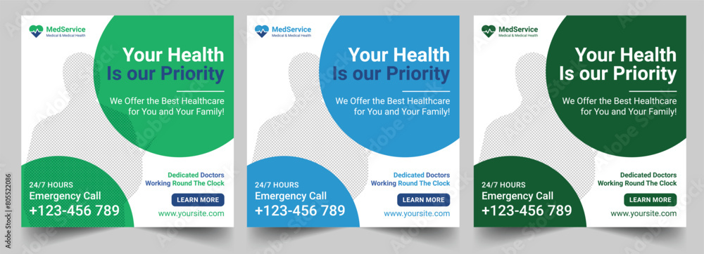 Healthcare post template. Medical promotion square web banner. Mail ...