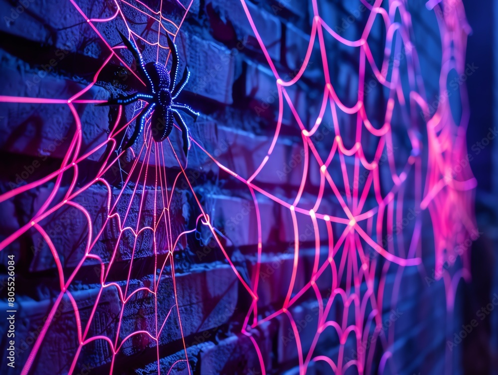 A large black spider sits on a glowing pink spider web against a brick ...