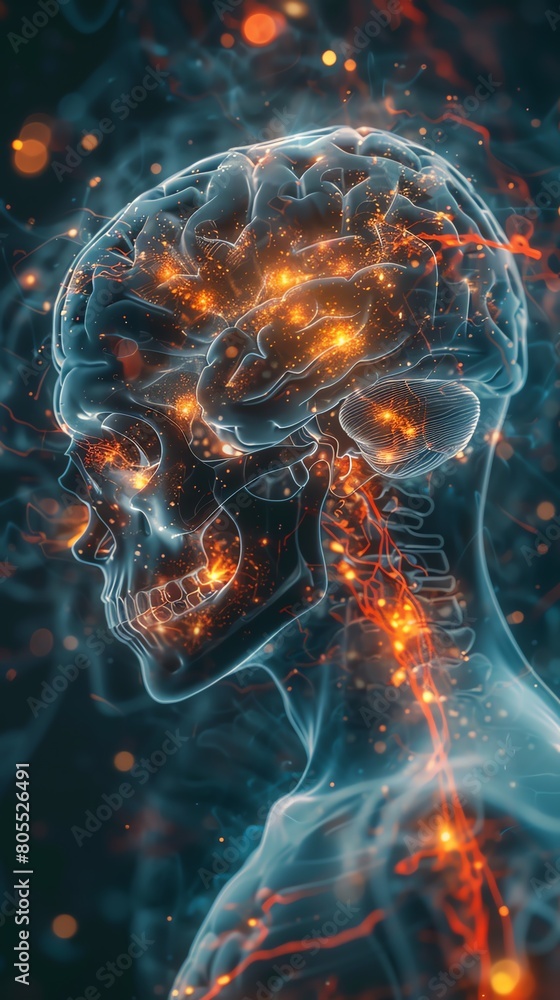 Closeup Xray style view of a brain with visible stress and strain ...