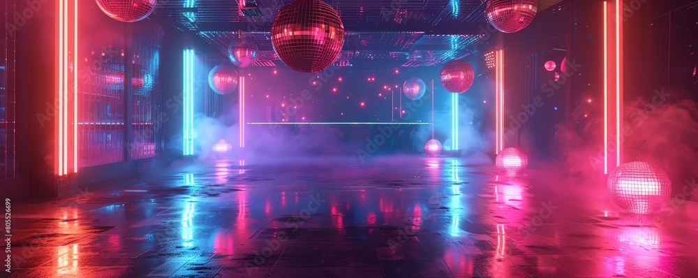 Product in a neon lit, smoky 80s nightclub scene, with disco balls and ...