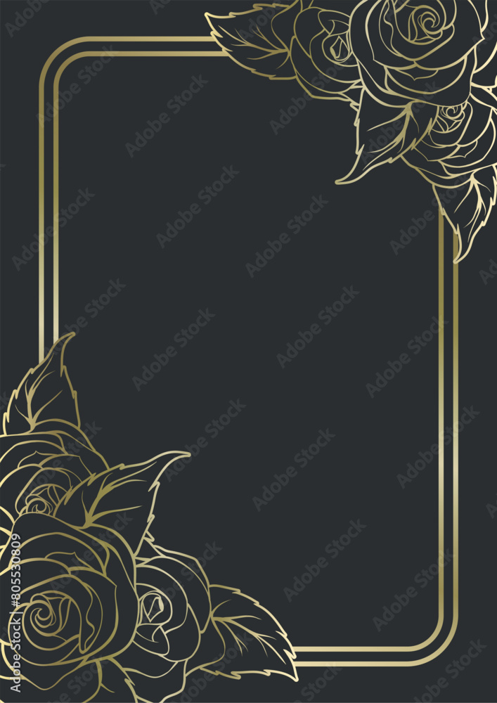 Luxurious rose invitation card template, postcard with golden frame and ...