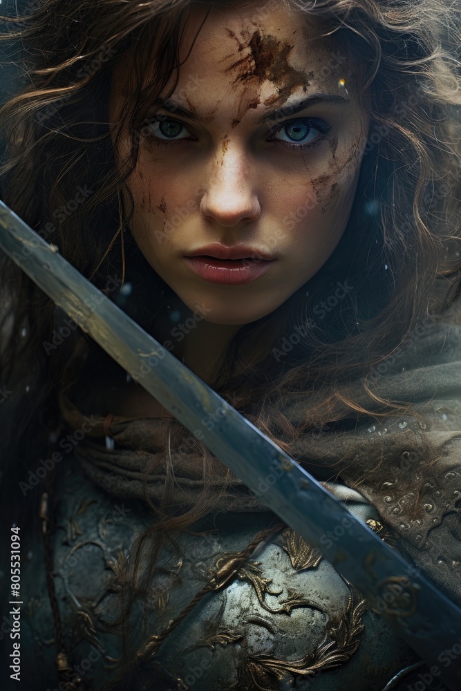 Fierce warrior woman with sword and battle-worn face Stock Illustration ...