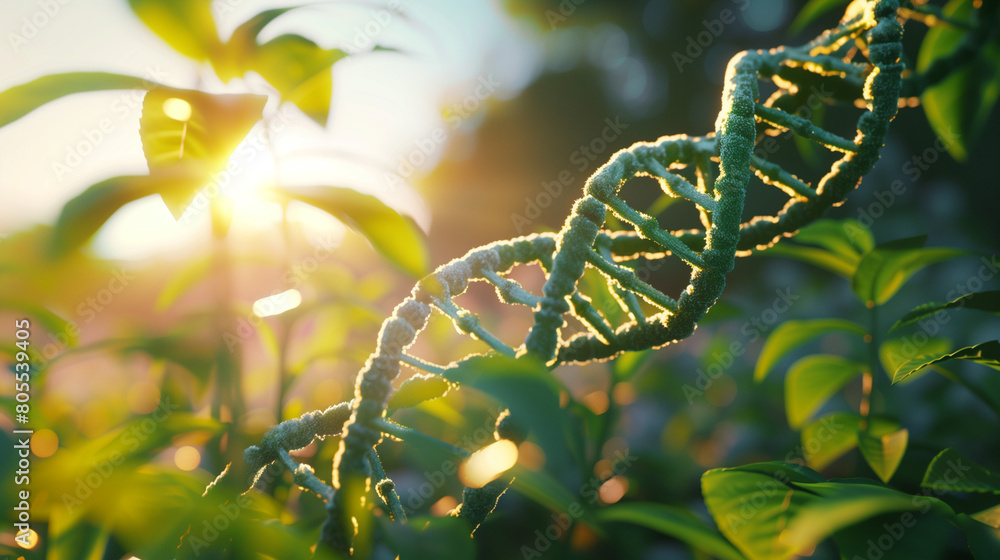 3D holographic projection of a DNA strand within a crop field Stock ...