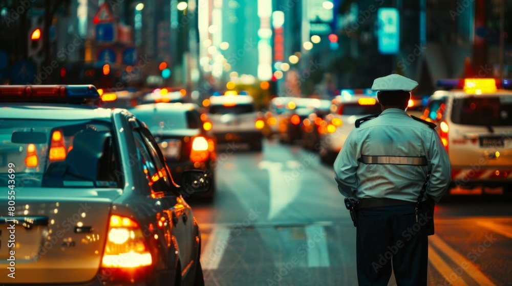 A dynamic shot of a traffic police officer directing vehicles amidst ...